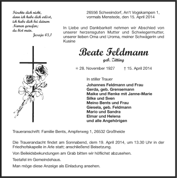 Traueranzeigen von Beate Feldmann | OK-Trauer.de