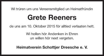 Traueranzeigen von Grete Reeners | OK-Trauer.de