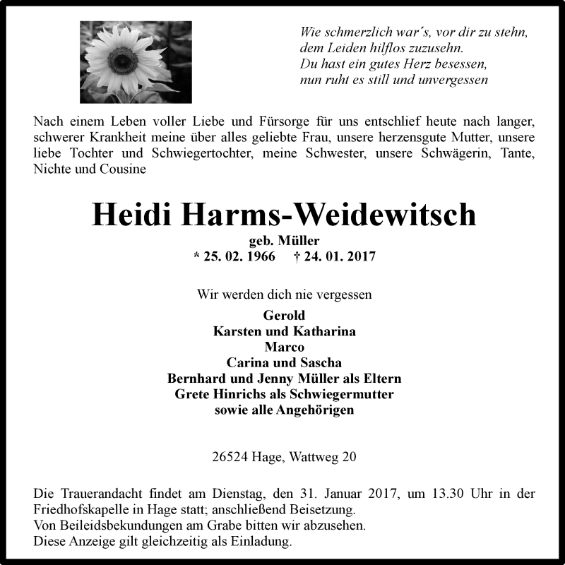 Traueranzeigen von Heidi Harms-Weidewitsch | OK-Trauer.de