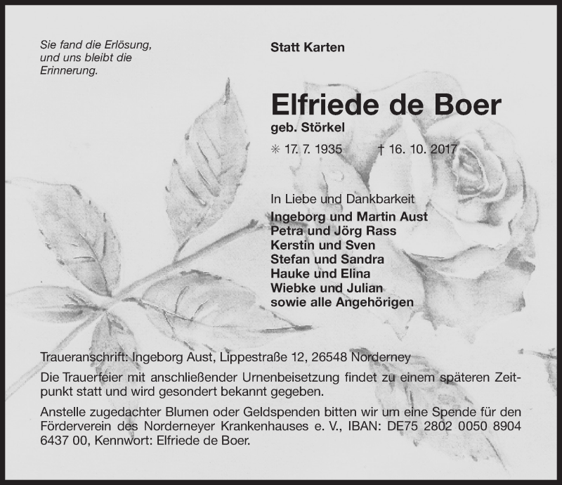 Traueranzeigen von Elfriede de Boer | OK-Trauer.de