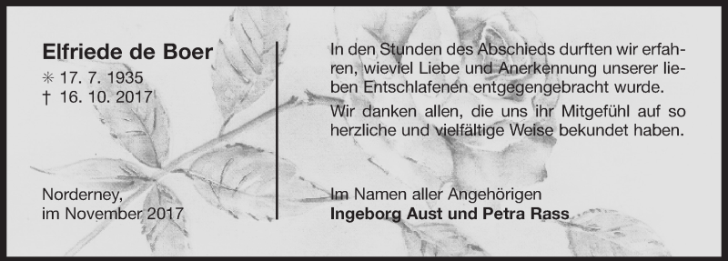 Traueranzeigen von Elfriede de Boer | OK-Trauer.de