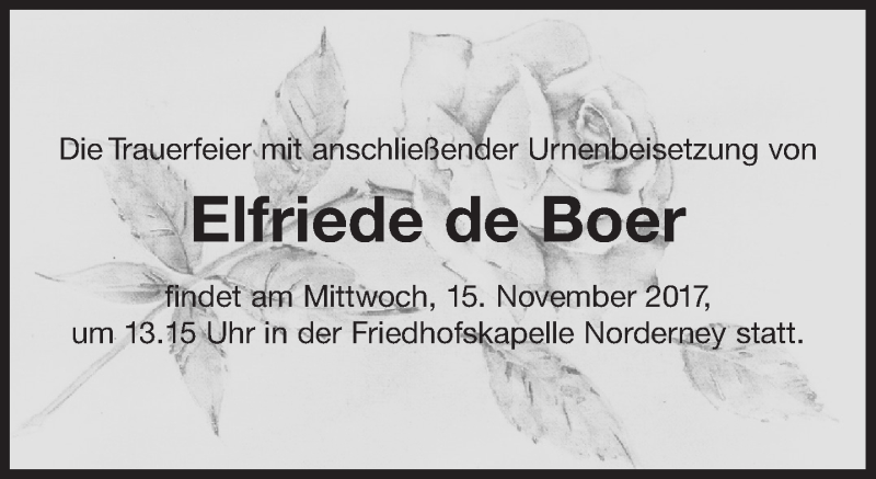 Traueranzeigen von Elfriede de Boer | OK-Trauer.de