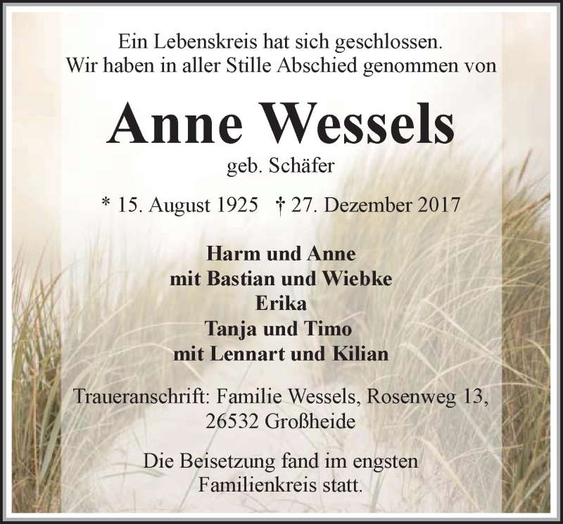 Traueranzeigen von Anne Wessels | OK-Trauer.de Traueranzeigen von Anne Wessels | OK-Trauer.de
