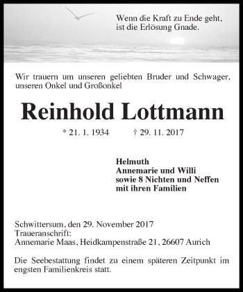 Traueranzeigen von Reinhold Lottmann | OK-Trauer.de