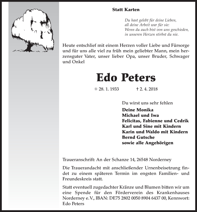 Traueranzeigen von Edo Peters | OK-Trauer.de