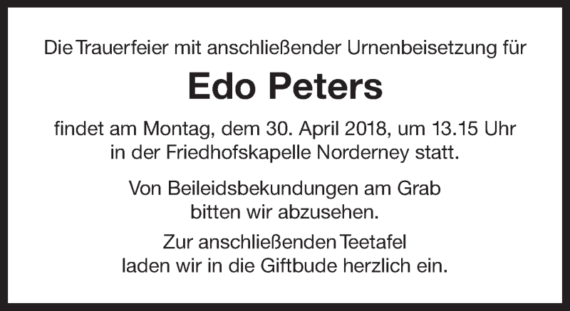 Traueranzeigen von Edo Peters | OK-Trauer.de