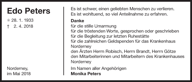 Traueranzeigen von Edo Peters | OK-Trauer.de