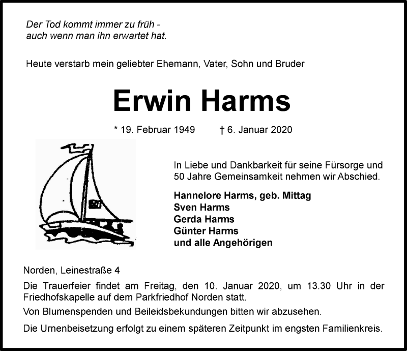 Traueranzeigen von Erwin Harms | OK-Trauer.de