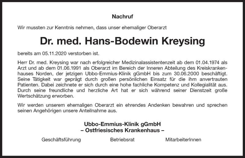 Traueranzeigen von Hans-Bodewin Kreysing | OK-Trauer.de