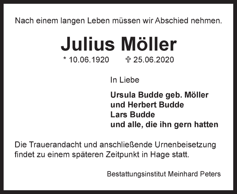 Traueranzeigen von Julius Möller | OK-Trauer.de