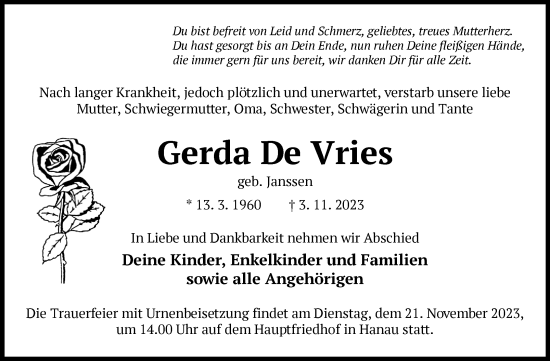 Traueranzeigen von Gerda De Vries | OK-Trauer.de Traueranzeigen von Gerda De Vries | OK-Trauer.de